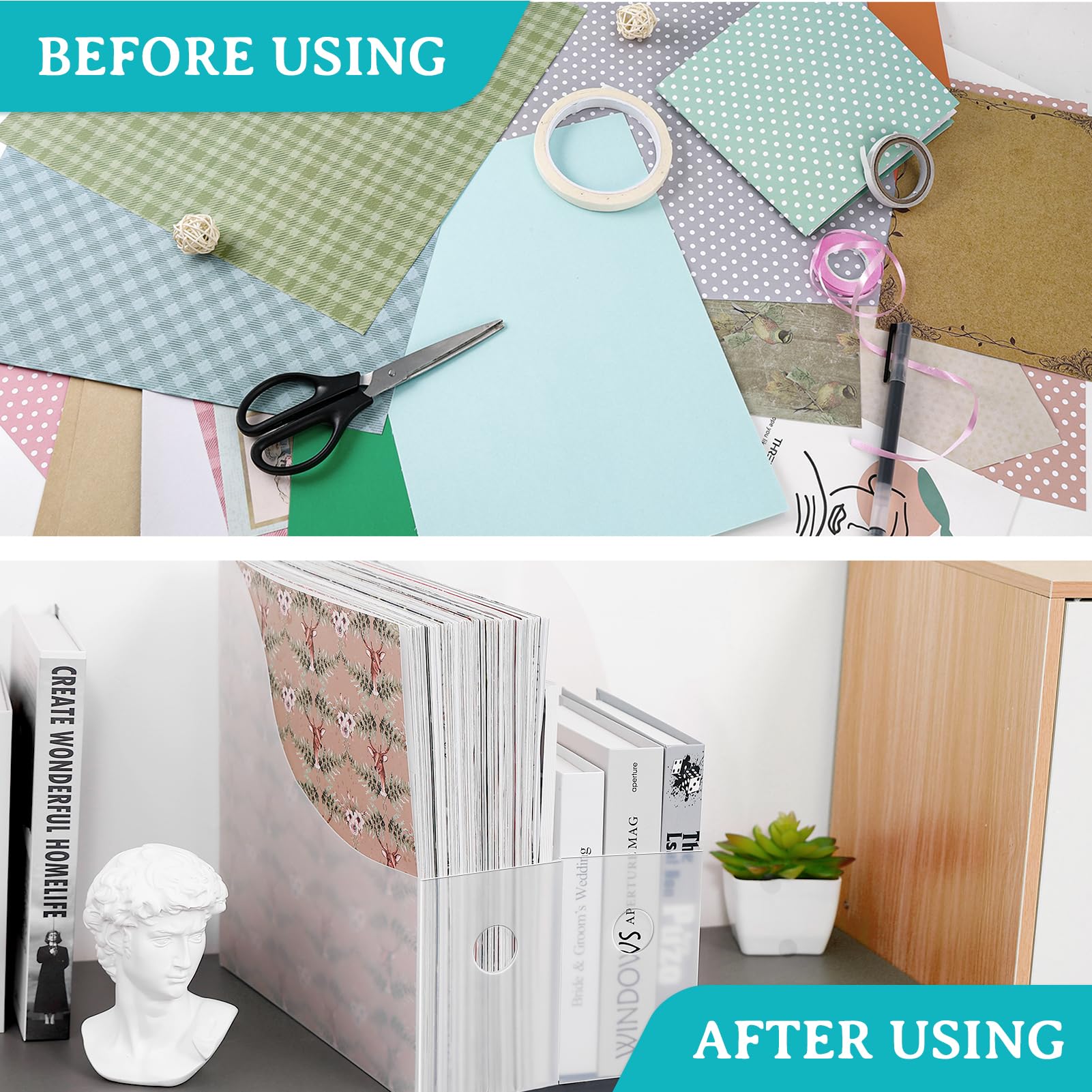 Caydo 6 Pieces Vertical Scrapbook Paper Storage Foldable Scrapbook Paper Holder with 12 Pieces Sticky Index Tabs for 12x12 Paper Storage Organizer, Files, Vinyl, Cardstock, Magazines, Documents