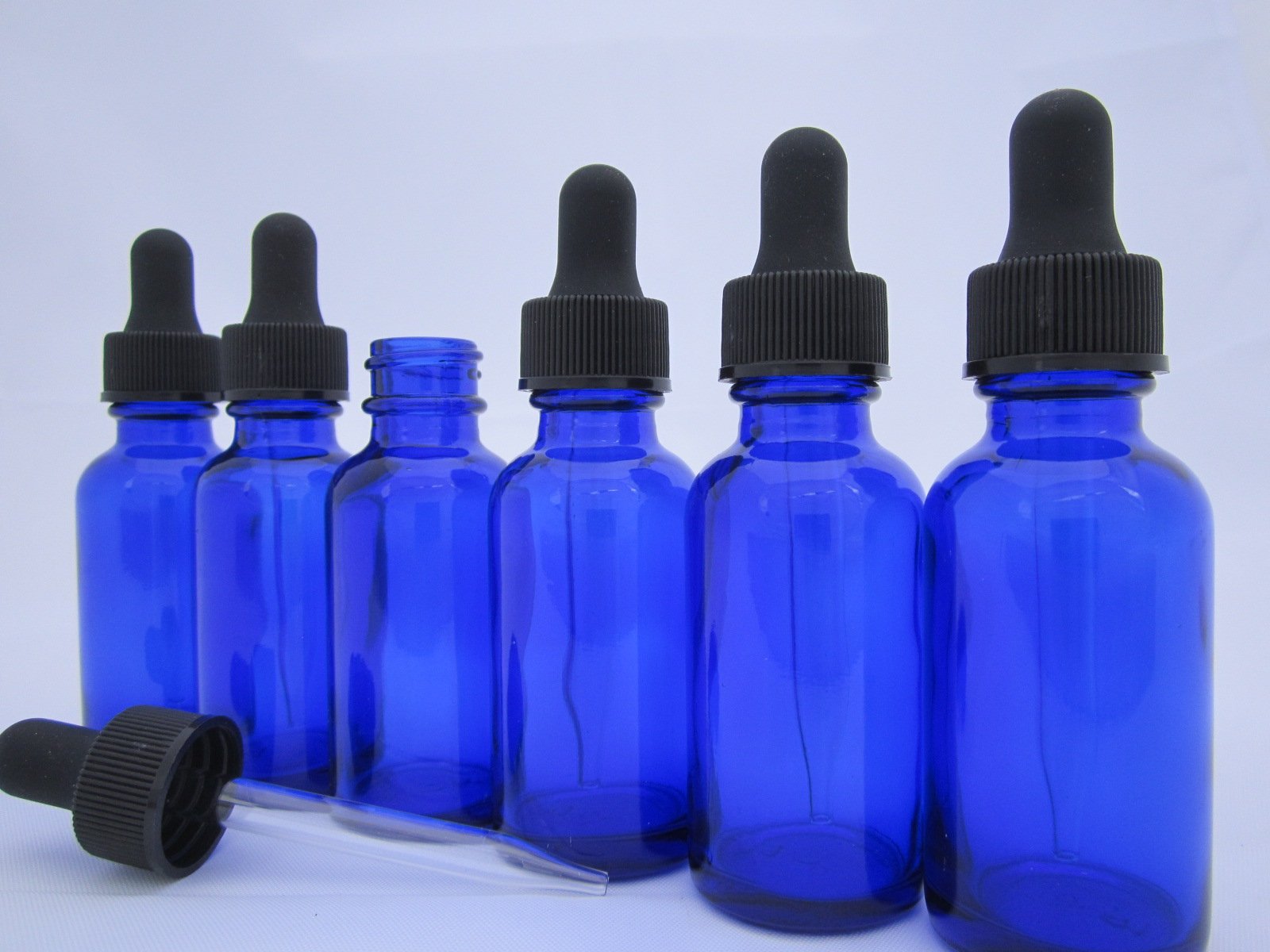 DropperStop™ 1oz Cobalt Blue Glass Dropper Bottles (30mL) with Tapered Glass Droppers - Pack of 6