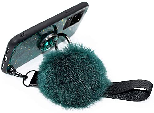 for Samsung Galaxy A13 5G Case for Women with Ring Stand,Luxury Glitter Sparkle Marble Design with Cute Fluffy Ball Wrist Strap,Bling Rhinestone Hard Back Soft TPU Bumper Girly Cover for Samsung A13