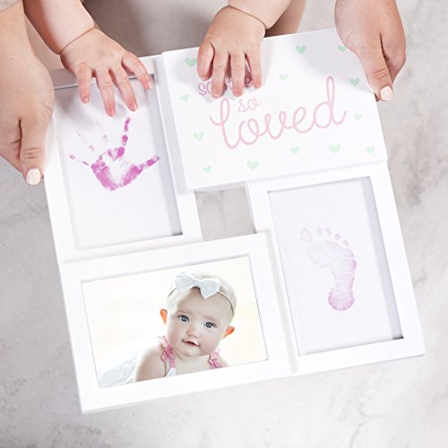 tiny ideas Baby Prints Collage Keepsake Frame With Included Ink Pad, Newborn Handprint And Footprint Nursery Decor, So Little So Loved, Pink/White