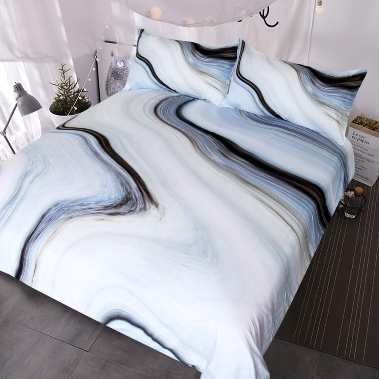 BlessLiving 3 Piece Liquid Marble Bedding Set Black White Bedding Cool Yellow Marble Duvet Cover for Adults Teens Kids (Queen)