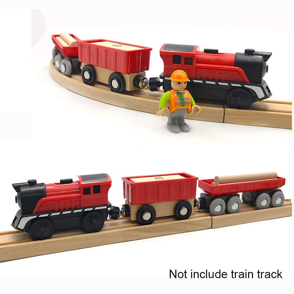 DSHMIXIA Battery Operated Cargo Train for Wooden Train Track Set Toys for Toddlers 3 4 5 Year Old Boys Kids Magnetic Couplings Construction site Fram Harbor Vehicle (Without Battery)