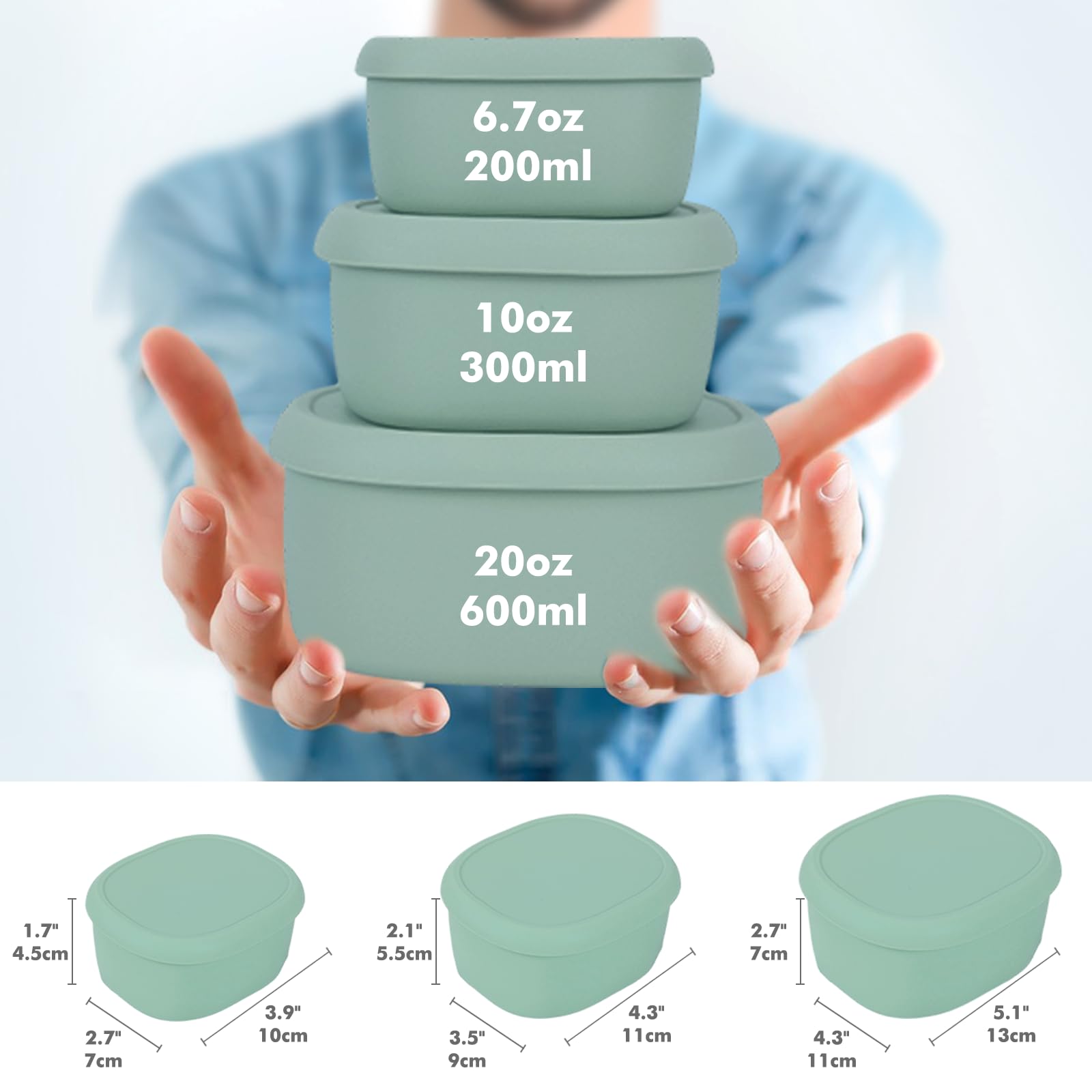 Anatole Silicone Food Storage Containers Set of 3 Lunch Box Bento with Lids BPA Free Dishwasher Microwave Oven Freezer Safe (6.7oz, 10oz, 20oz) Green