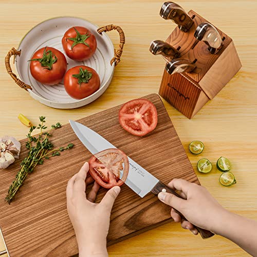 Emojoy Kitchen Knife Set,Knife Set for Kitchen with Block 6 Pcs High Carbon Stainless Steel Wooden Handle Knife Block Set without Steak Knivesā¦
