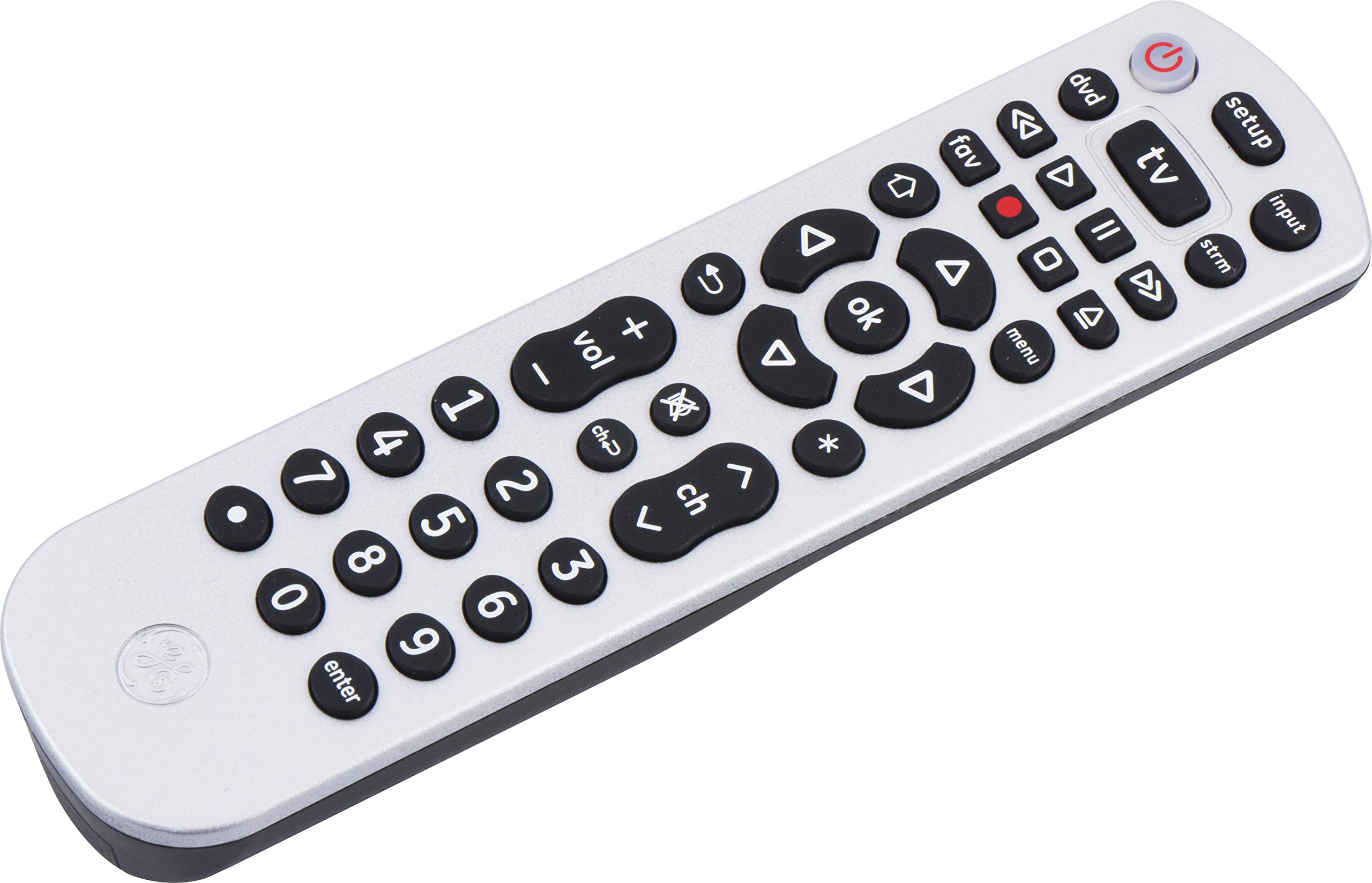 GE Universal Remote Control for Samsung, Vizio, Lg, Sony, Sharp, Roku, Apple TV, TLC, Panasonic, Smart TVs, Streaming Players, Blu-Ray, DVD, 3-Device, Silver, 34928