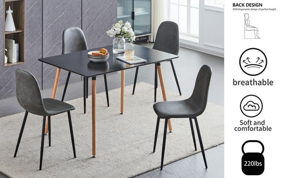 FurnitureR Modern Mid Century Leathaire Upholstered Kitchen Dining Chair Set of 2, Armless Leisure Accent Chair with Black Metal Legs Space Saving for Dining Kitchen Living Room, Grey, 2PCS