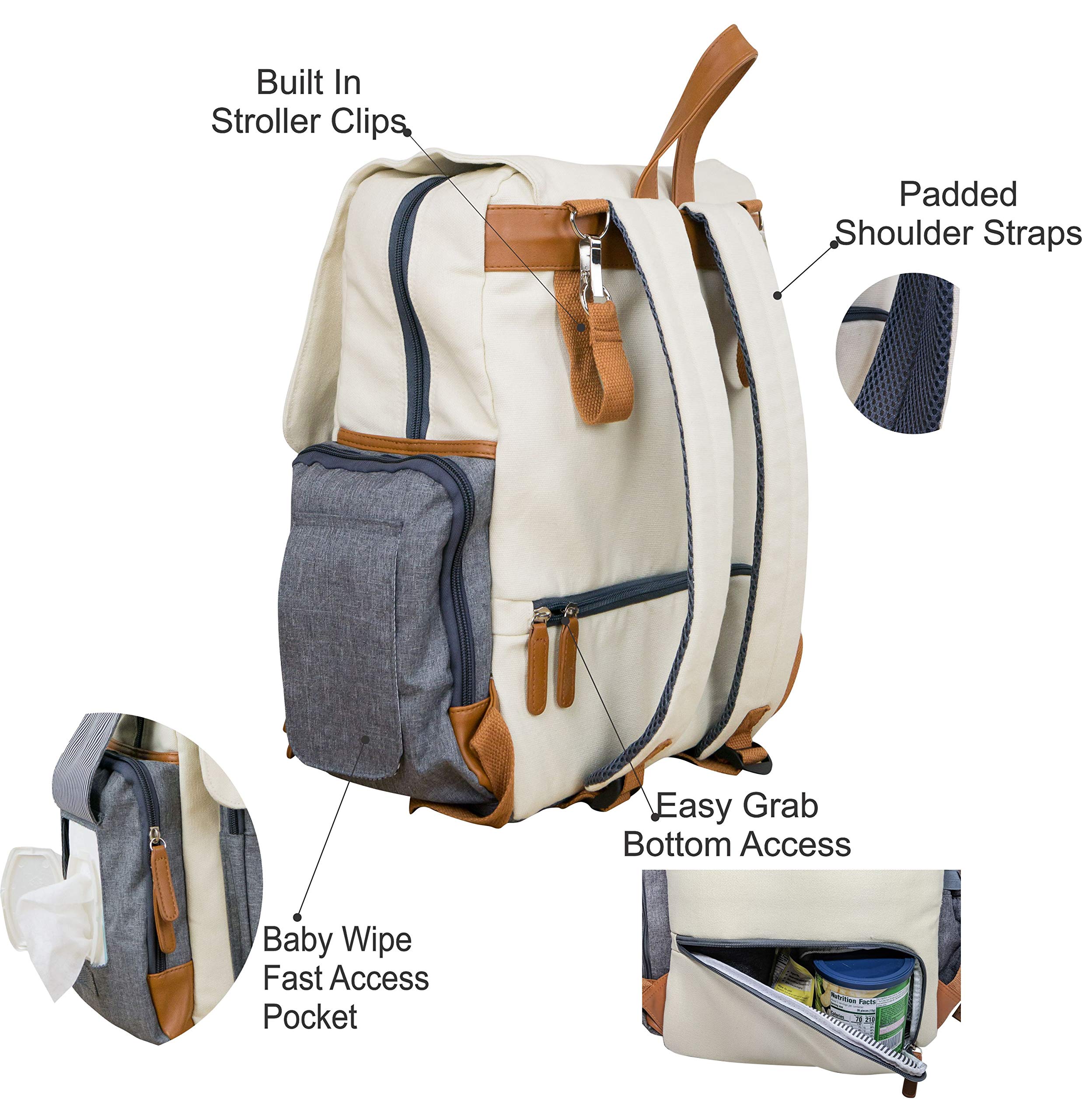 Cutie Carry Diaper Bag Backpack with Baby Pad Insulated Pocket Stroller Straps Wipe Dispenser Padded Shoulder Large Fashion Bags Dad or Mom Grey Cream