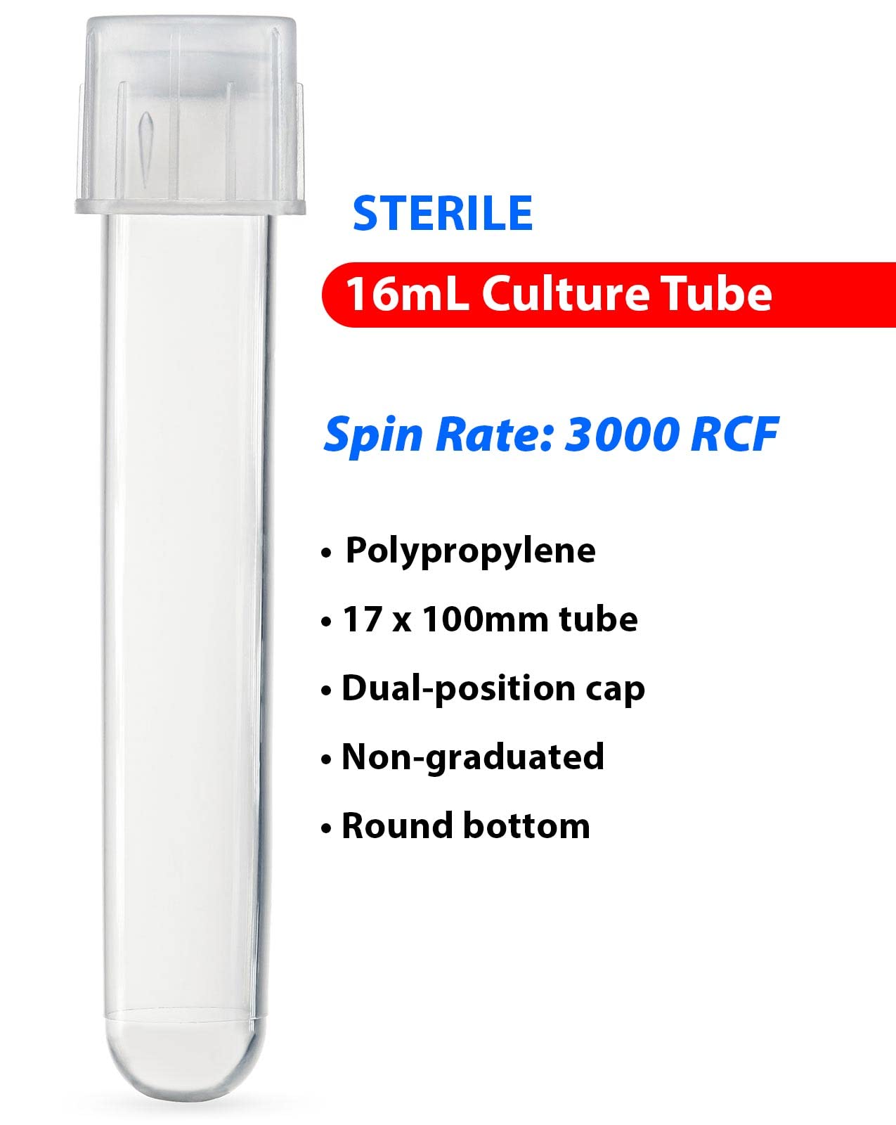Globe Scientific 110178 Polypropylene Culture Tube with Attached Dual Position Cap, Sterile, 14mL Capacity, 17mm Dia, 100mm Height (Case of 500)