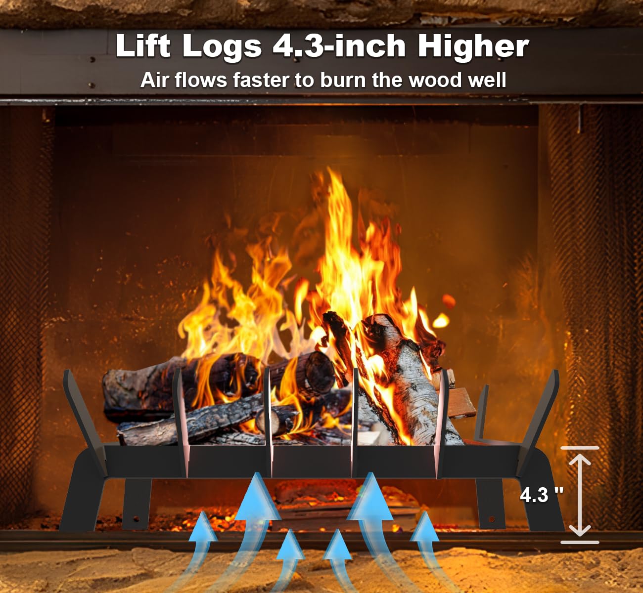 AnBaiMei 17 Inch Heavy Duty Fireplace Grate, Small Fire Wood Log Burning Rack Holder with 6 Support Bars for Indoor Outdoor Fire Place Accessories, Wrought Iron Firewood Stove Insert, Black
