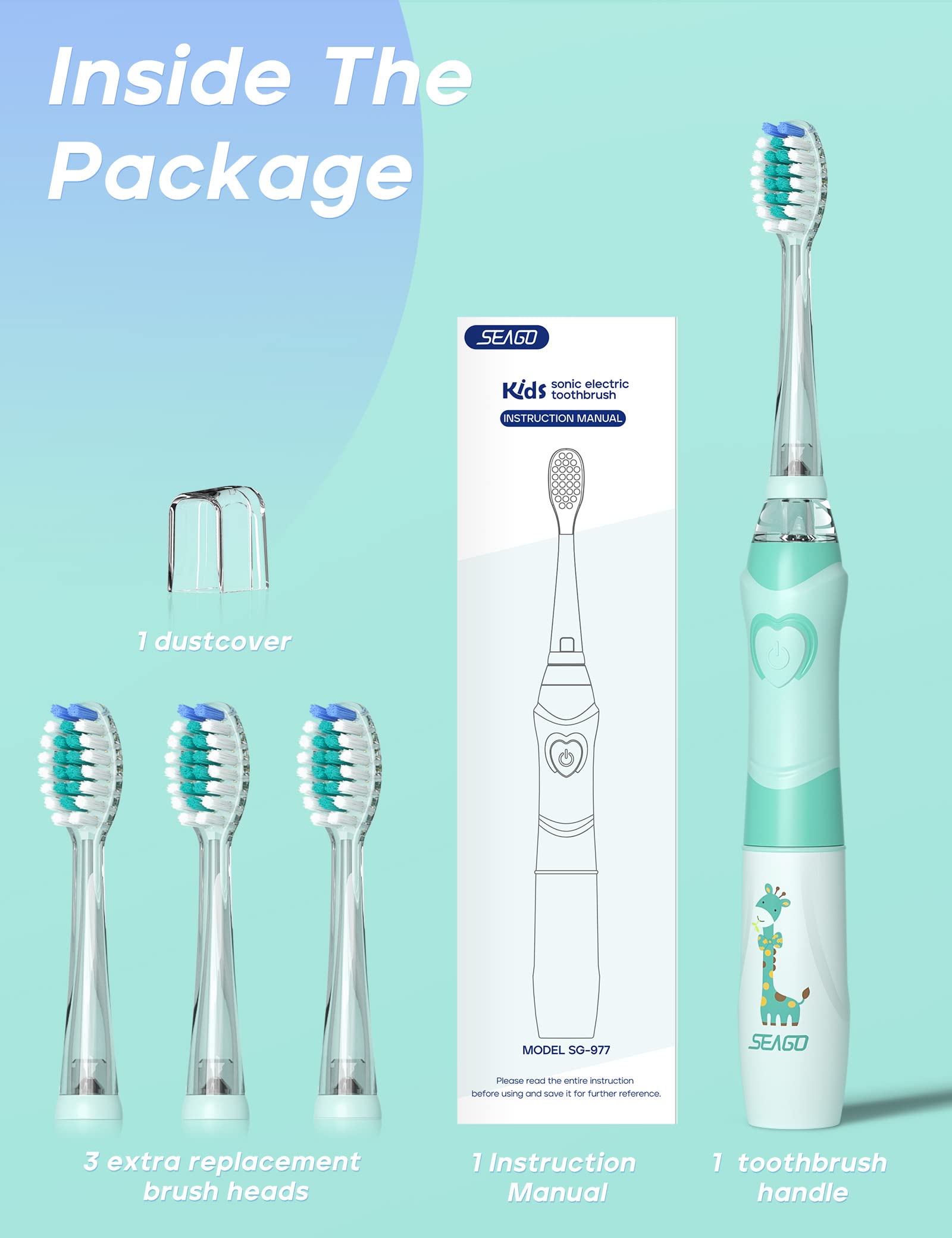 SEAGO Kids Electric Toothbrush with 2 Mins Brushing Timer and 4 Replacement Bursh Heads, Rainbow LED Light Make Brushing Fun, Green Color Boys Battery Powerd Toothbrush for 4-12 Years Old,SG-977