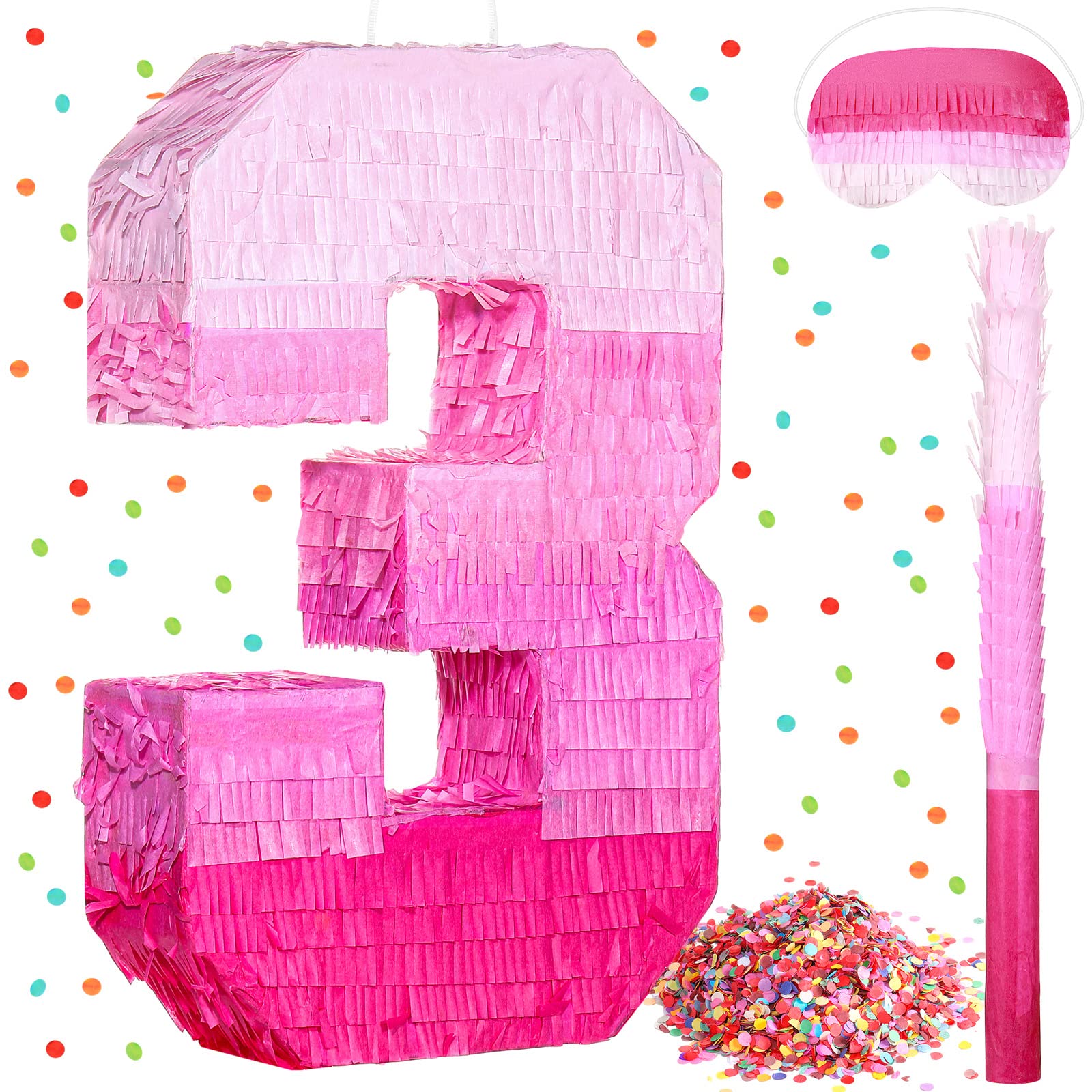 Number piñata Number Birthday piñata Decorations Gradient Pink piñata with Stick Blindfold Confetti for Girls Boys Birthday Anniversary Party Decorations Supplies (Number 3)