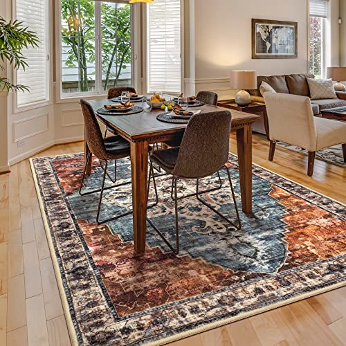 COLORPAPA Area Rug 5x7 Machine Washable Rugs Boho Living Room Rug Non-Slip for Bedroom Dinning Room Kitchen Hallway Blue Taupe Carpet