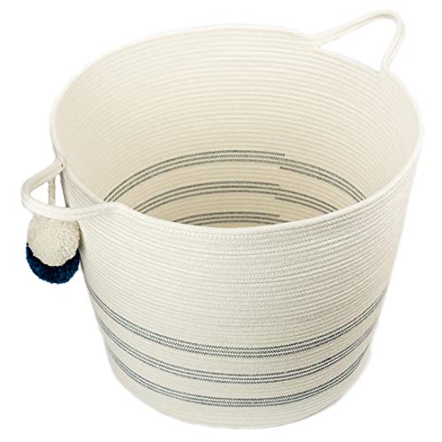 Sweetzer & Orange Extra Large Woven Cotton Rope Storage Basket with Pom-Poms β 16.5βx20.5β - Blanket Storage Baskets, Laundry and Toy Storage, Nursery Hamper - Off White/Navy XXL for Living Room