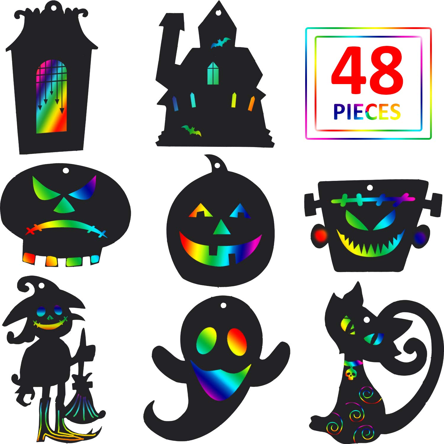 Blulu 48 Pieces Halloween Scratch Paper Rainbow Witch Pumpkin Scratch Crafts Kit Halloween Hanging Ornaments Art with Wooden Stick and Rope for Party Decoration DIY Supplies