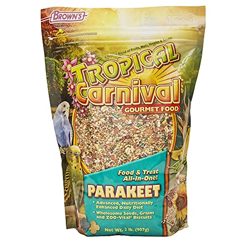 F.M. Brown's Tropical Carnival Gourmet Parakeet Food, Nutritionally Enhanced Daily Diet with Fruits, Veggies, Nuts, Seeds, and Grains, 2-lb Bag - Vitamin-Nutrient Fortified