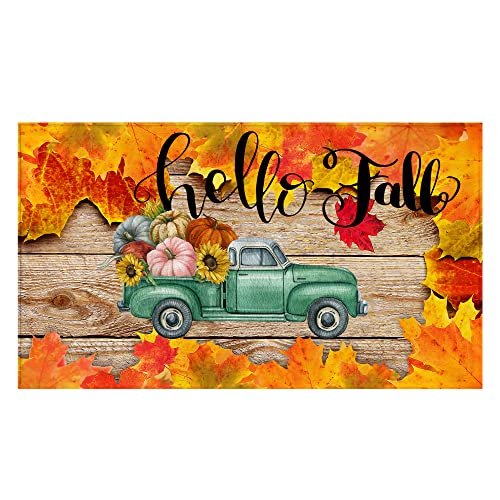 Hello Fall Door Mat Pumpkin Truck Doormat Washable Indoor Or Outdoor Doormat for Living Room Bedroom Dining Kitchen Or Entryway Mat Thanksgiving Holiday Fall Decor 17"X 29"