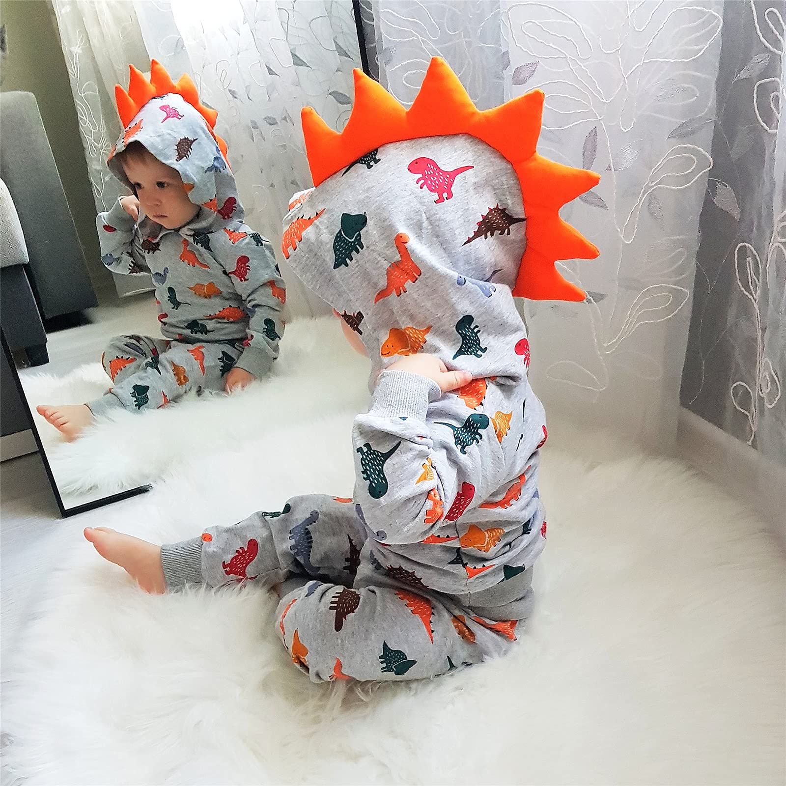 Toddler Infant Baby Boy Clothes Colored Dinosaurs Long Sleeve Hoodie Tops Sweatsuit Pants Outfit Set (12-18 Months)