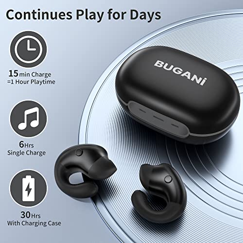 BUGANI Bluetooth Headphones, Open Ear Wireless Bluetooth 5.3 Headphones, Open Ear Clip Earbuds with Stereo Sound, 30H Playtime, Built-in Mic for Clear Calls, Waterproof Headphones for Sport Running