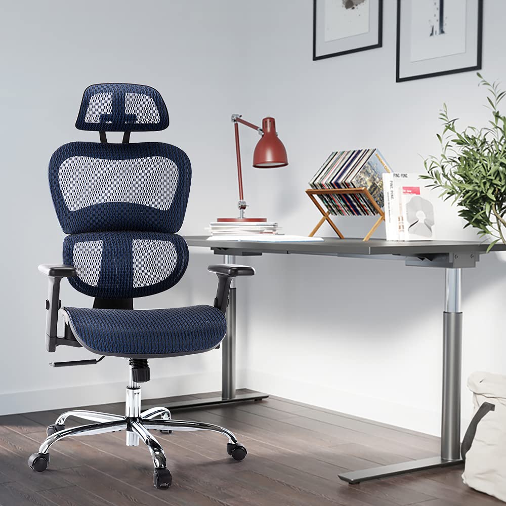 Ergonomic Chair, High Back Executive Desk Chair, Modern Office Chair with Lumbar Support, Breathable Mesh Chair, with 3D Adjustable Armrests,Headrest and Lumbar Support, Steelblue