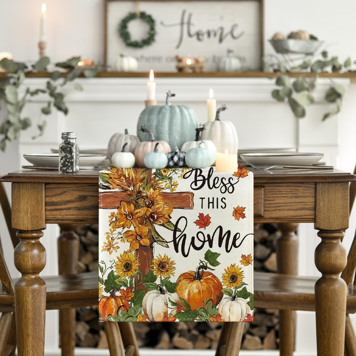 Artoid Mode Cross Pumpkins Fall Table Runner, Bless This Home Seasonal Autumn Kitchen Dining Table Decoration for Home Party Decor 13x72 Inch