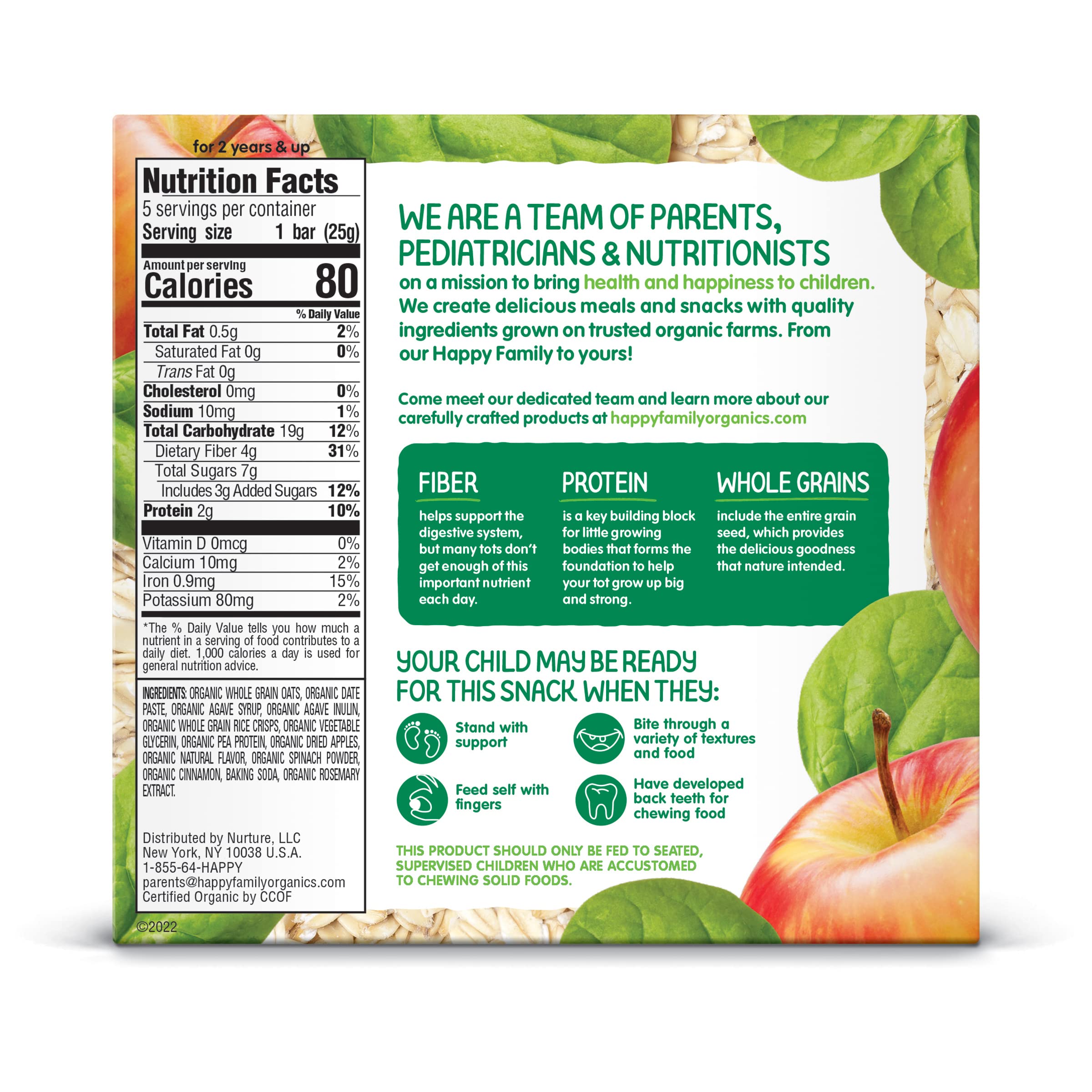 Happy Tot Organics Fiber & Protein Soft-Baked Oat Bars Toddler Snack Apple & Spinach, 0.88 Ounce Bars, 5 Count Box (Pack of 1)