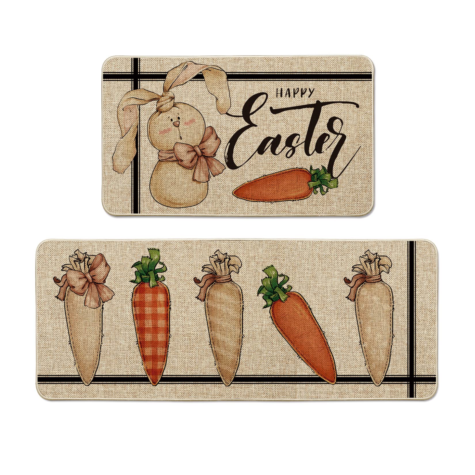 Artoid Mode French Stripes Bunny Doll Carrots Easter Kitchen Mats Set of 2, Home Decor Low-Profile Kitchen Rugs for Floor - 17x29 and 17x47 Inch