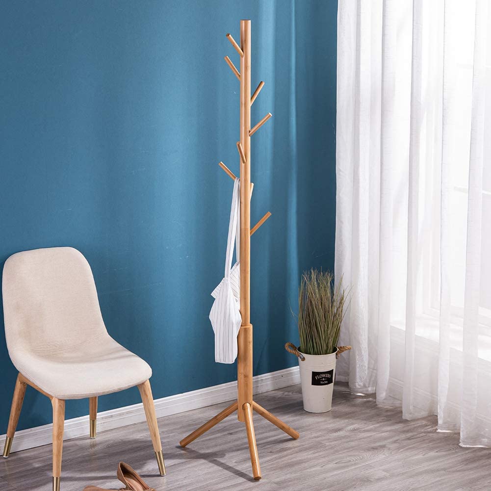 BMOSU Coat Rack freestanding Stand Bamboo Wooden Coat Tree 8 Hooks 3 Adjustable Standing Jackets Hanger Hallway Corner Parlor(Nature)