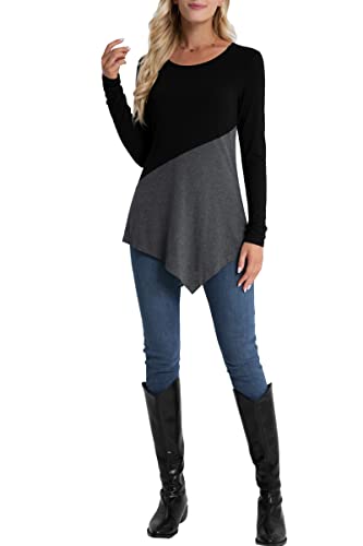 DJT Women's Long Sleeve Tunic Shirts Scoop Neck Hanky Hem Color Block Stretch Casual Fall T Shirt Tops XL Black Heather Grey