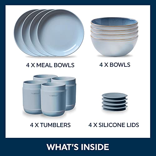Corelle Stoneware 16-Pc Dinnerware Set, Handcrafted Artisanal Double Bead Plates, Meal Bowls, Bowls and Tumblers, Solid and Reactive Glazes, Dining Plate Set, Nordic Blue