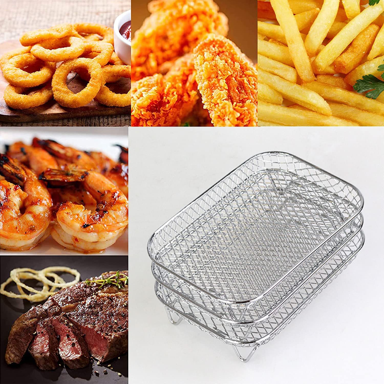 Air Fryer Rack Fit NINJA, Instant Vortex, Chefman Dual Zone; Rectangle Three Stackable Racks,Stainless Steel Multi-Layer Dehydrator Rack Double Zone Air fryer Accessories