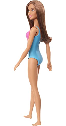 Barbie Doll, Brunette, Wearing Blue, Pink and Orange Swimsuit, for Kids 3 to 7 Years Old