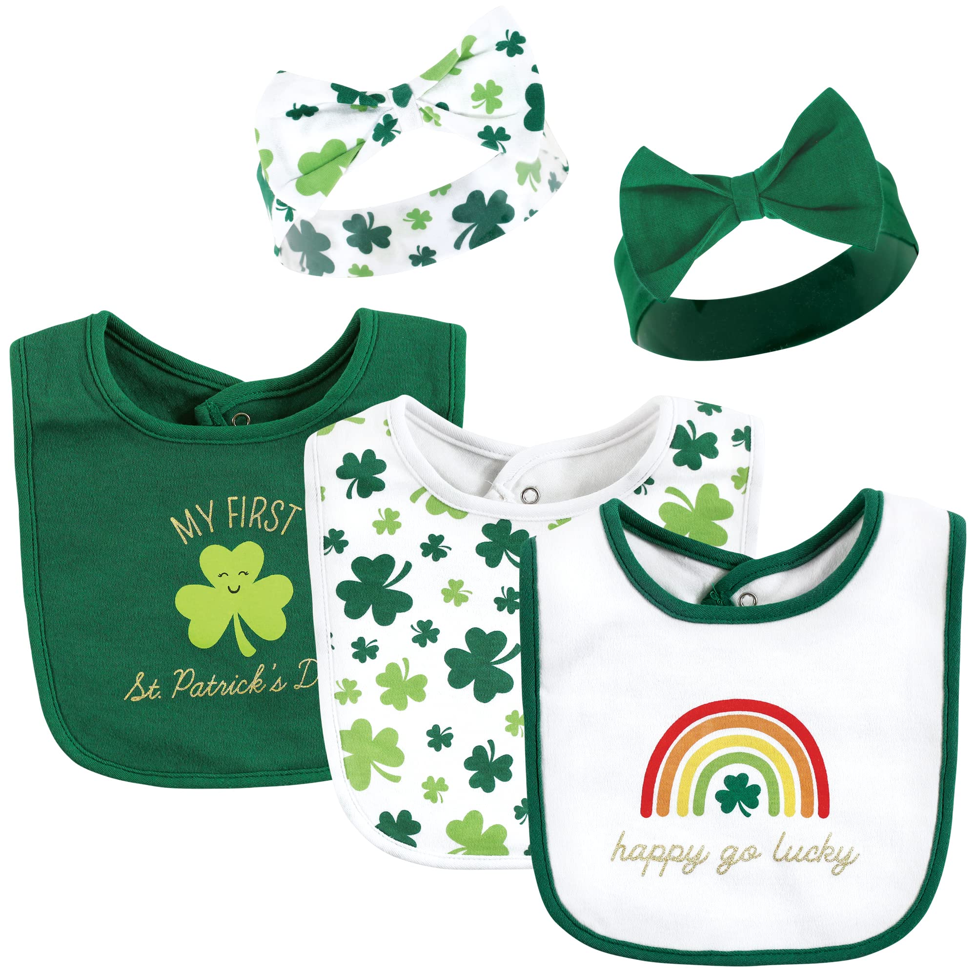 Hudson Baby Unisex Baby Cotton Bib and Headband or Caps Set, St Patricks Rainbow, One Size