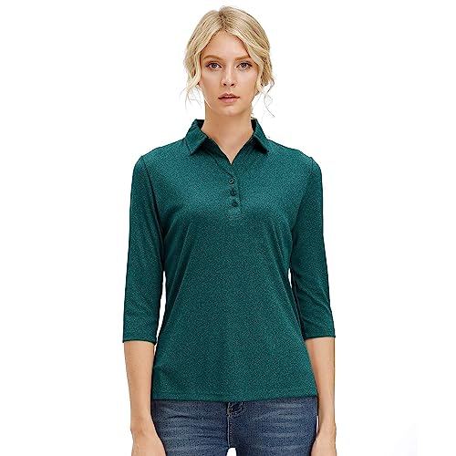 Corna Cool Dry &Breathable Solid Colored Elbow Length Long Sleeve Polo Dry Fit Shirts for Women (Dark Green-M)