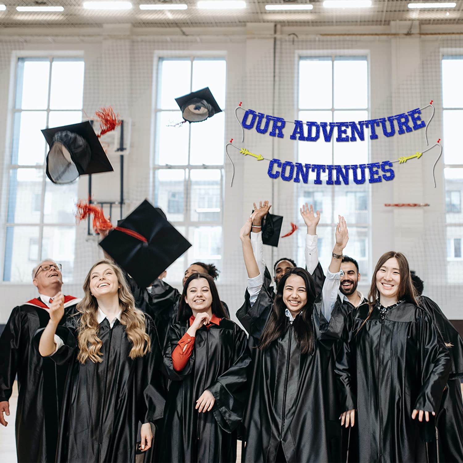 Our Adventure Continues Banner, Let the Adventure Begin Bunting Garlands, Travel Themed/Wedding/Graduation/Retirement Party Decorations Supplies, Blue Glitter