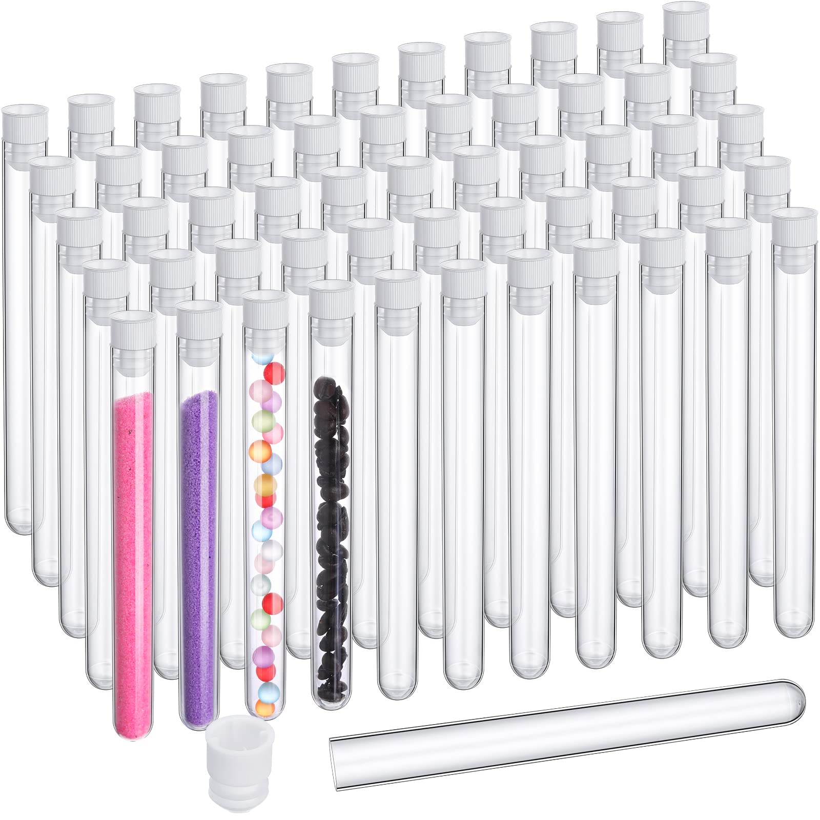 Hoteam 100 Pcs Clear Test Tubes with Lids Plastic Tube Plastic Vials for Scientific Experiments Party Supplies Birthday Candy Storage Seed Beads Powder Spice Liquid (White Lid,16 x 150 mm)