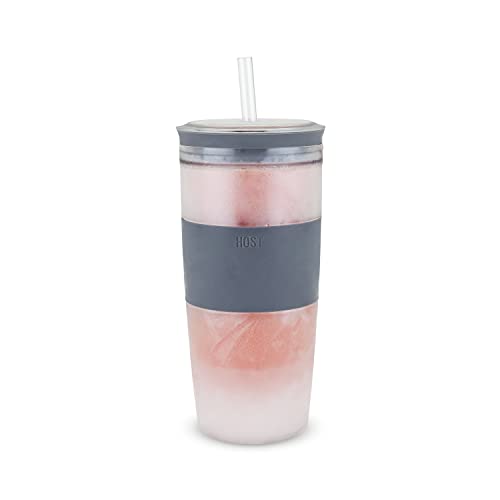 HOST Straw and Lid Plastic Double Wall Insulated Freezable Drink Chilling Tumbler with Freezing Gel Glasses for Red and White Wine, 16 oz, Grey