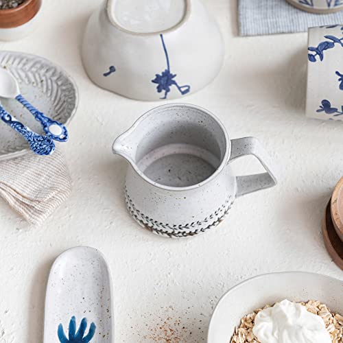 Creative Co-Op Stoneware Creamer with Debossed Pattern, Antique White and Blue Reactive Glaze, 6" L x 4" W x 4" H