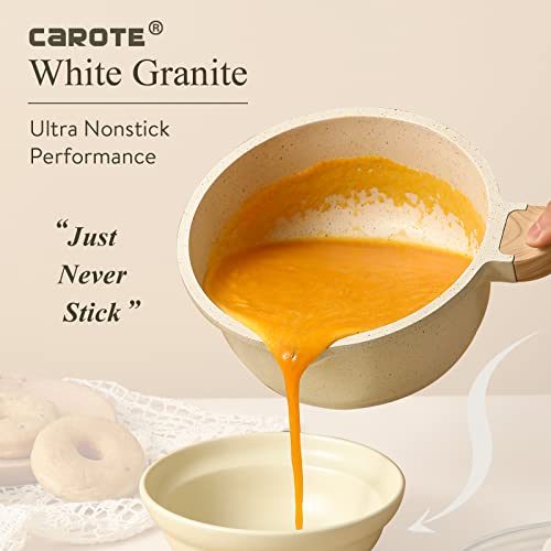 CAROTE 1.5Qt & 2.5Qt Sauce Pan Set with Lid Nonstick Saucepan 4 Pcs Non Stick Sauce Pots Cooking Pot with Pour Spout, Easy to Clean, Small Kitchen Pots Induction Pot, PFOA FREE (White Granite)