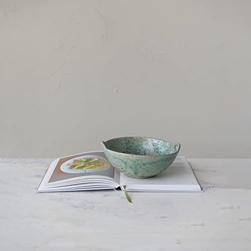 Creative Co-Op Stoneware Berry Bowl with Handles, Aqua Reactive Glaze Serveware, 8"L x 8"W x 3"H, Multicolor