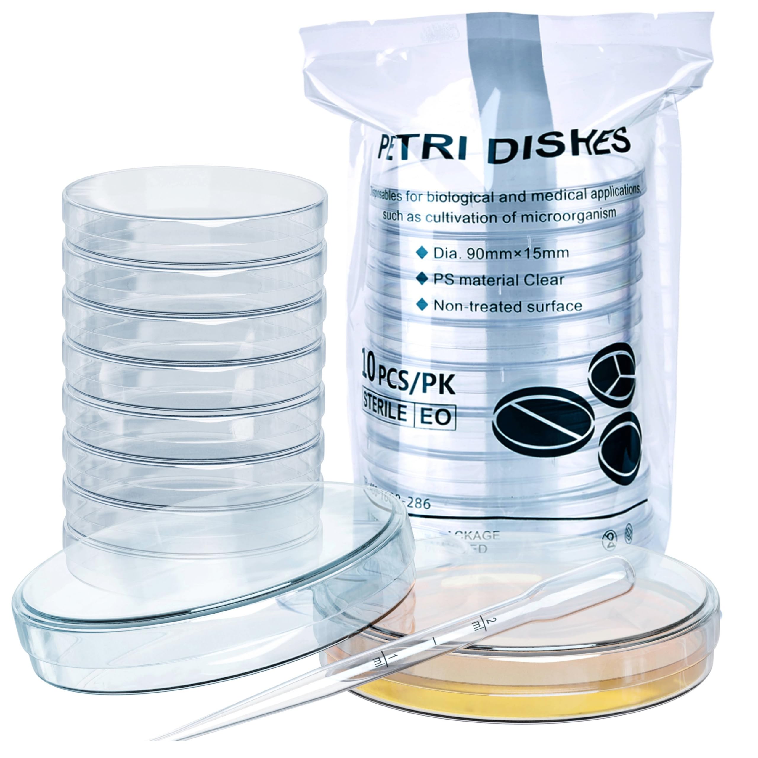 MyMed Pack of 20 Sterile Petri Dishes with Lids (90 x 15 mm), 2ml Plastic Pipettes for Lab Analysis, School Projects, Blood Samples, Bacteria, Plant & Seed Cultivation Petri Dish (20)