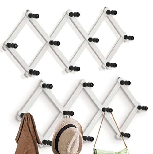 CILXGQLN 2 Pack Expandable Coat Rack Hat Hangers for Wall, Accordion Wall Hangers, Wooden Hat Rack Wall Mounted, 10 Peg Hooks for Keys, Hat, Bags, Coats, Towels, Umbrella, Necklaces, White