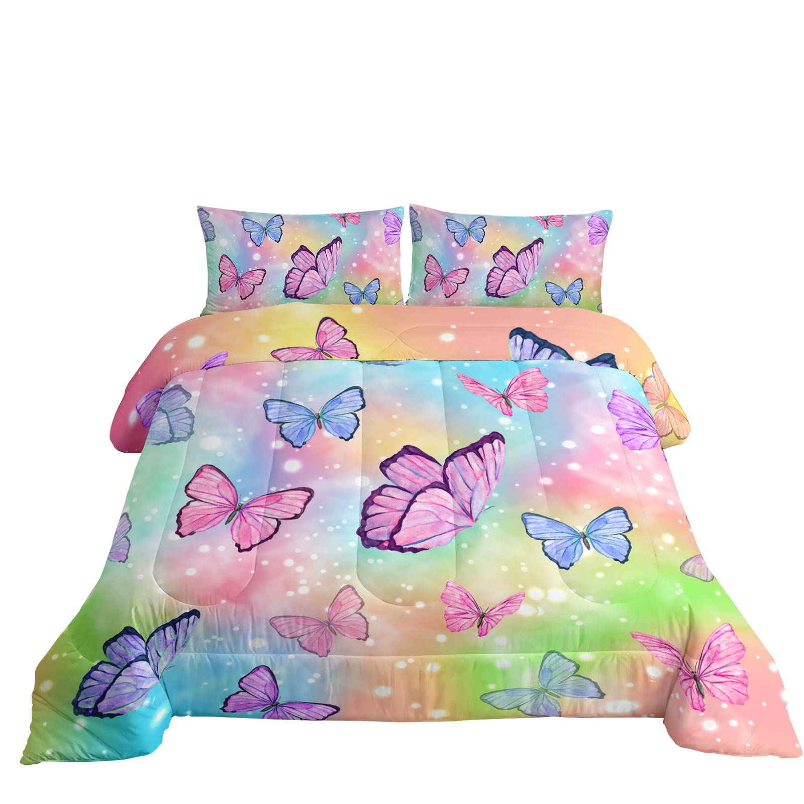 Datura home Bedding Comforter Set Rainbow Watercolor Butterfly Printed Pattern Quilt with 1 and 2 Pillowcases for Girls Bedroom All Season(Butterfly Full) Full 80x90inches