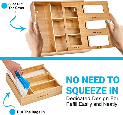 HEMSELA Ziplock Bag Organizer, kitchen drawer organizer with foil and plastic wrap, aluminum foil organizer, ziplock bag dispenser With Cutter, Compatible for Gallon, Quart, Sandwich & Snack (Wooden)
