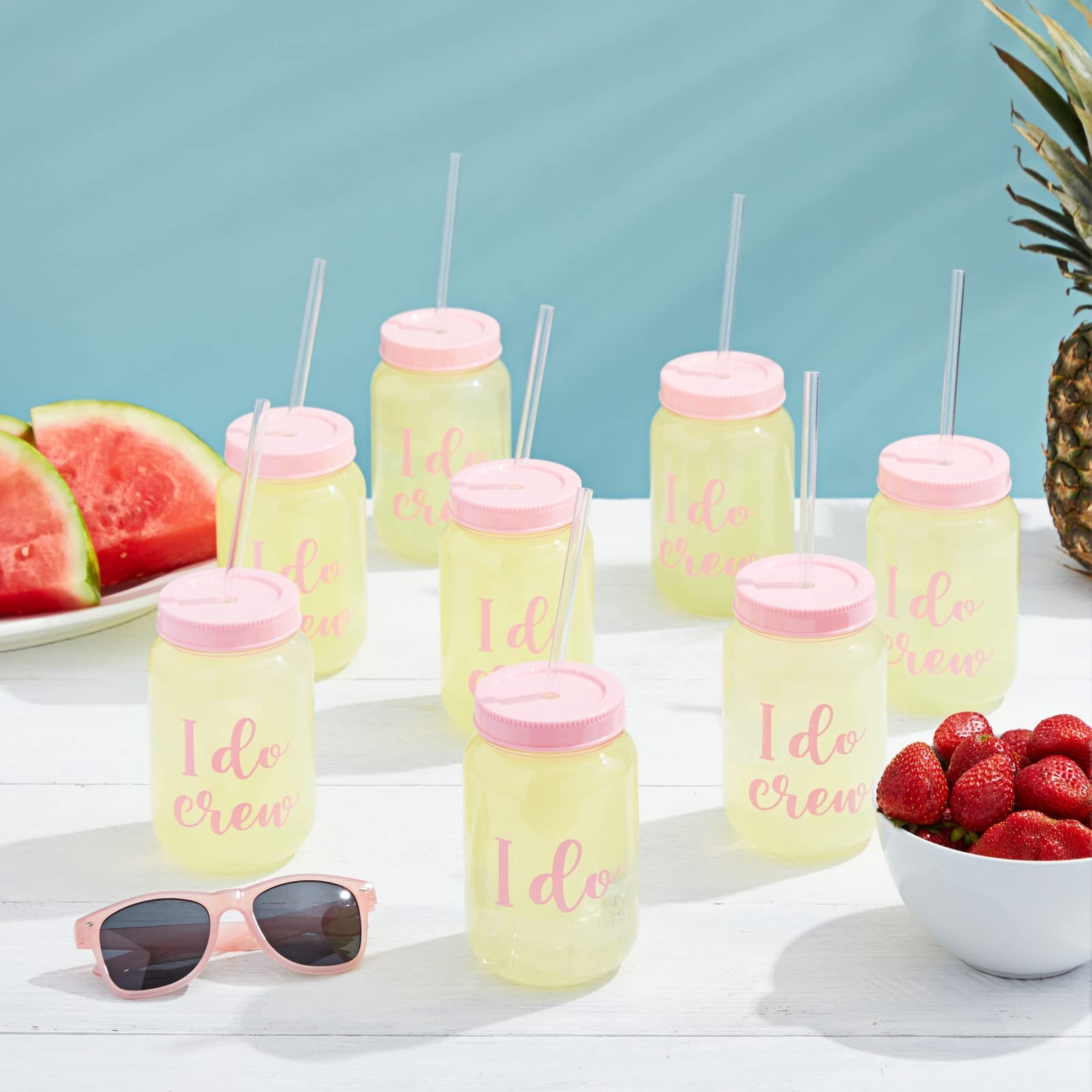 BLUE PANDA 12 Pack I Do Crew Bachelorette Party Cups with Lids, Pink Bridal Shower Mason Jar Gifts (18 oz)