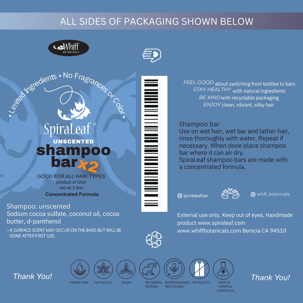Spiraleaf Whiff Shampoo Bars, x2 Savings, Unscented: Limited Ingredients, No Scents or Colorings; Concentrated Formula, Made USA
