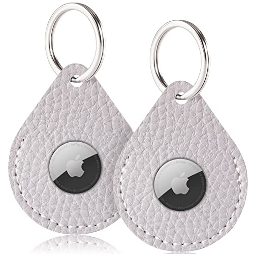 FOREVERFLYBIRD 2 Pack Airtag Holder Leather Case Air Tag Cover Keychain GPS Tracker Remote Finder Key Travel Backpack Pet Locator L Grey