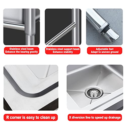 Commercial/Industrial Sink,2 Compartment Outdoor Garage Sink,Freestanding Kitchen Stainless Steel Sink w/Workbench & Storage Shelves, Prep & Utility Washing Hand Basin for Laundry. ( Size : 100*50*80+