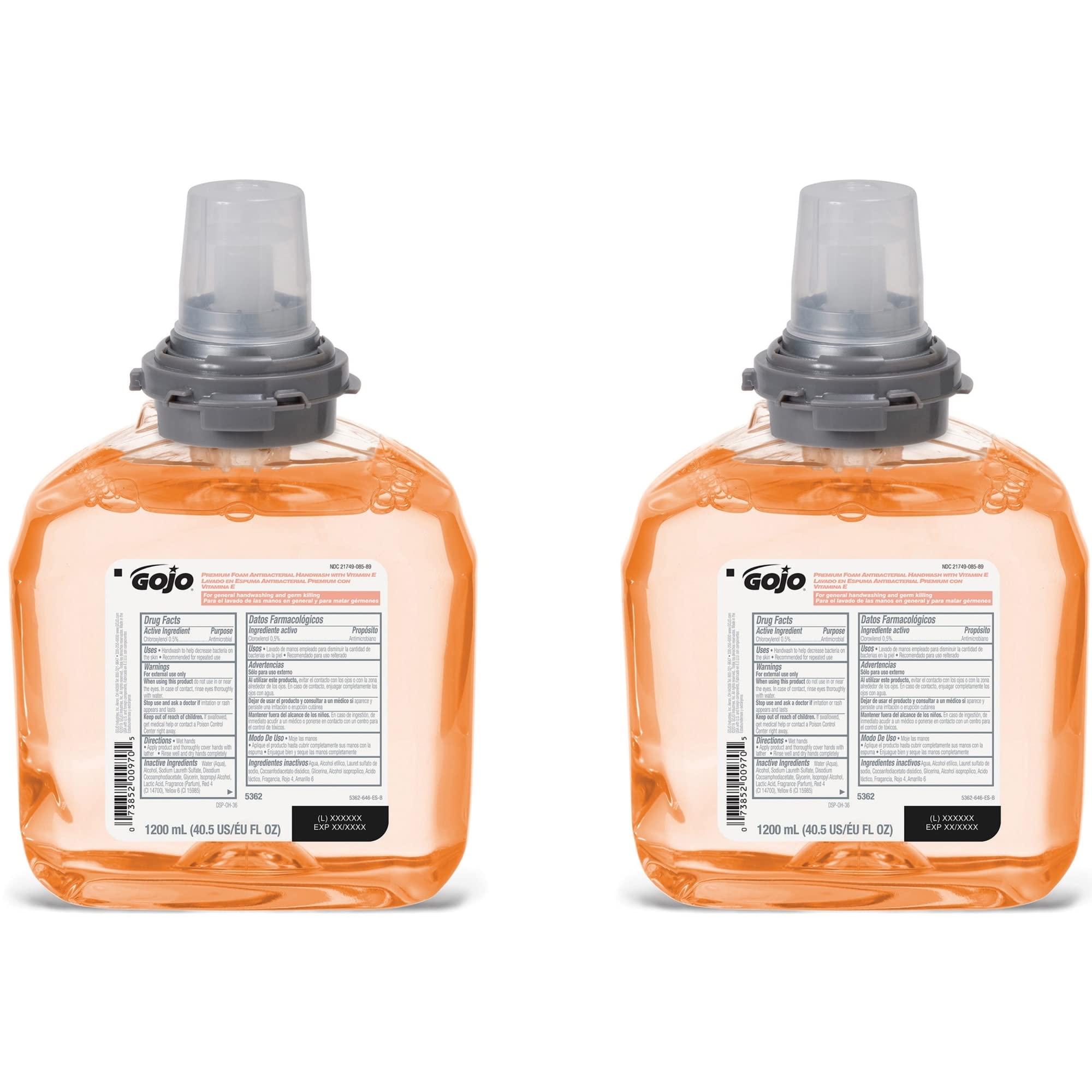 GOJO TFX Premium Foam Antibacterial Handwash, Fresh Fruit Scent, 1200 mL Foam Hand Soap Refills TFX Touch-Free Dispenser (Pack of 2) - 5362-02