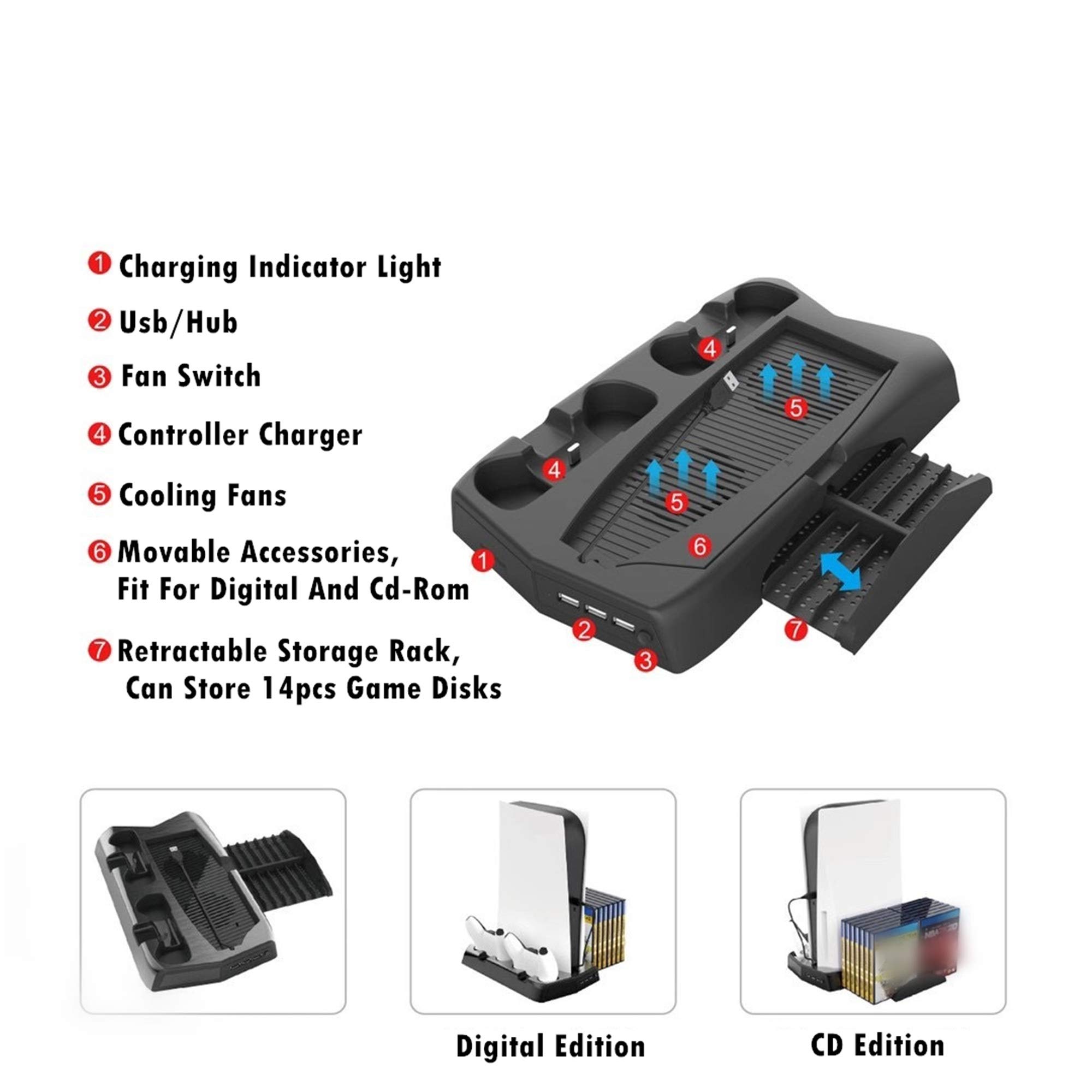 Cooling Fan for Ps5, 2-in 1 Vertical Stand with Dual Controller Charger Ports and 14 Game Rack Storage for Ps5 Cd/Digital Edition with 10pcs Thumb Joysticks