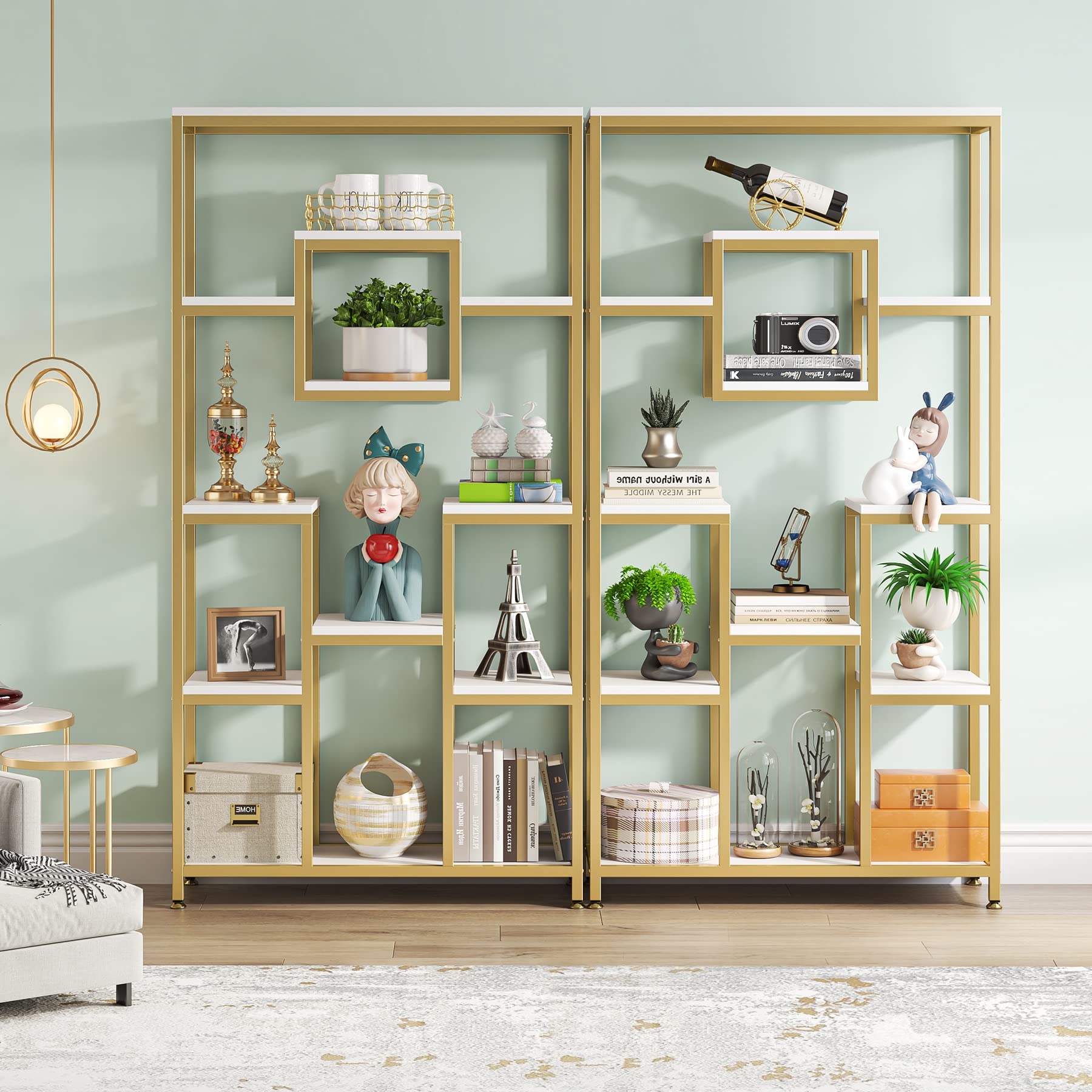 Tribesigns Bookcases and Bookshelves, 71โ Tall Bookshelf with Metal Frame, Freestanding Geometric Bookcase with Open Display Shelf for Living Room, Bedroom, Home Office, White and Gold